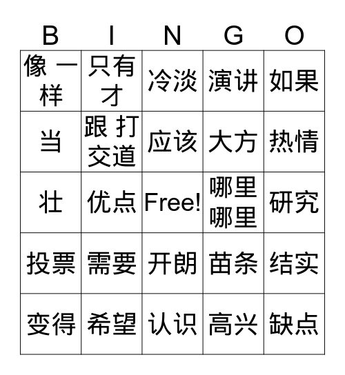 MIII Personality Vocab Bingo Card