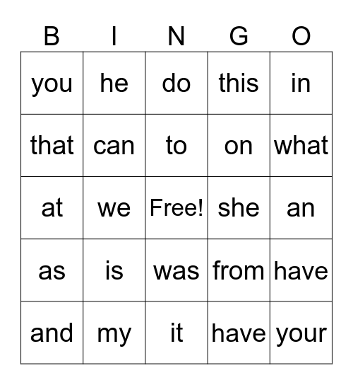 Heart Words Bingo Card
