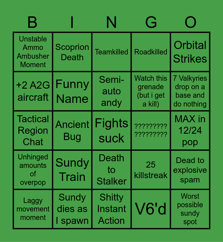 Planetside 2 Bingo Card