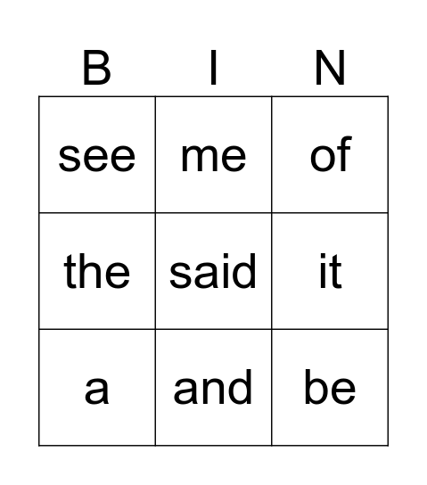 Heart Word Bingo Card