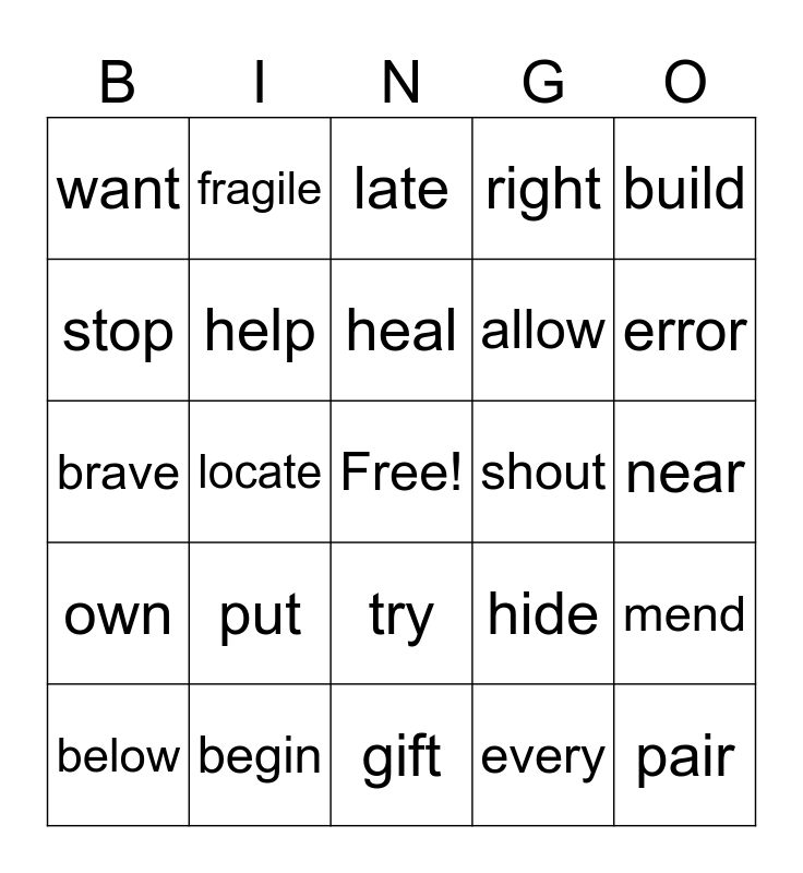 Synonym Bingo Card