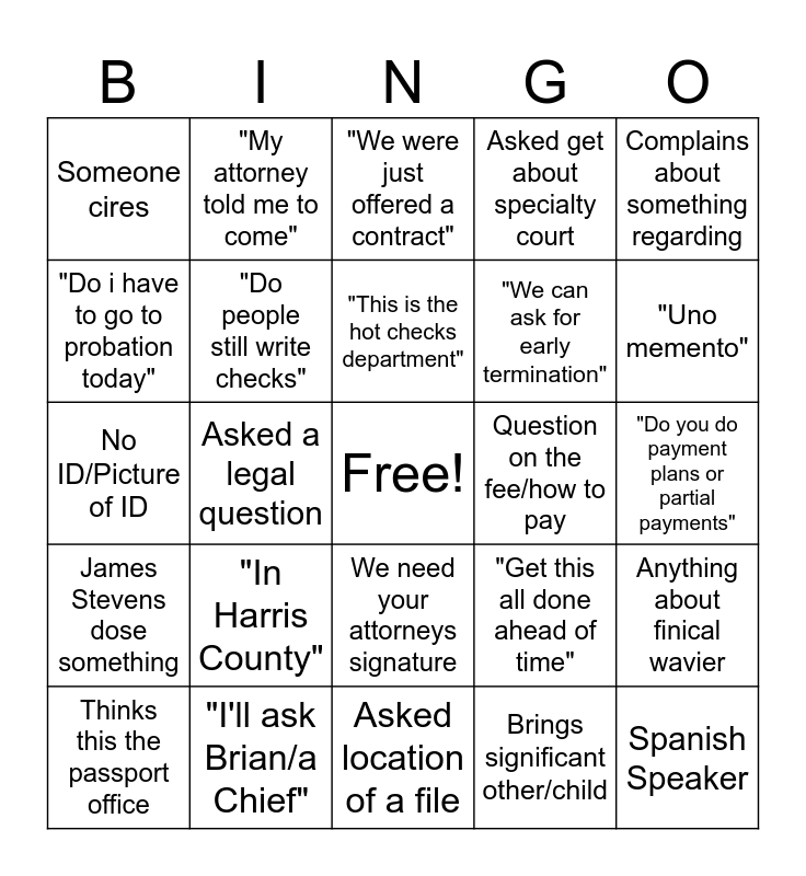 Diversion Bingo Card
