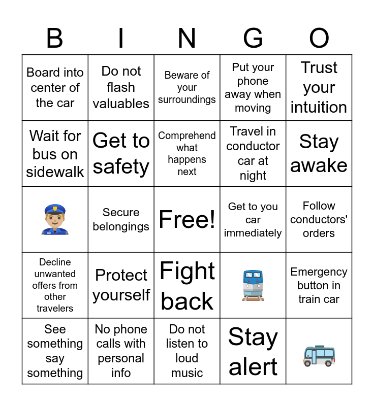 Public Transit Safety Bingo Card
