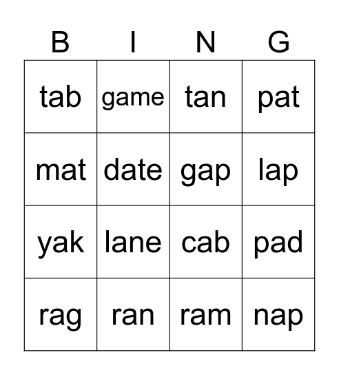 CVC and CVCE words Bingo Card
