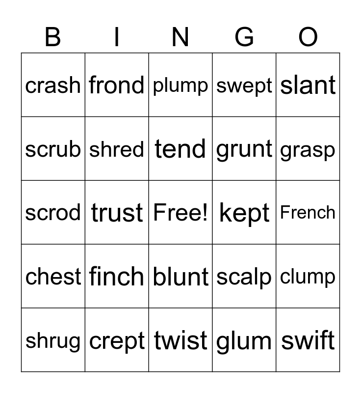 Closed Syllable Words with Blends + Digraphs Bingo Card