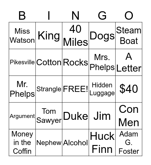 Huckleberry Finn Bingo Card