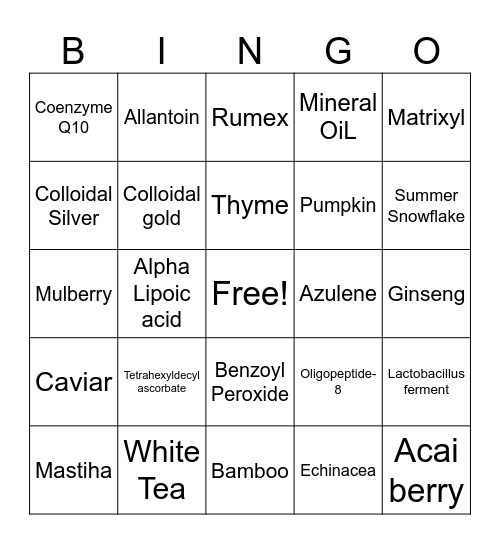 SKINCARE INGREDIENTS BINGO Card