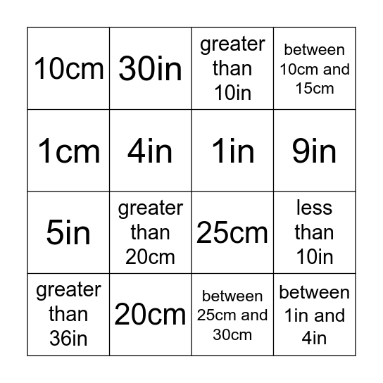 Measurement Bingo Card