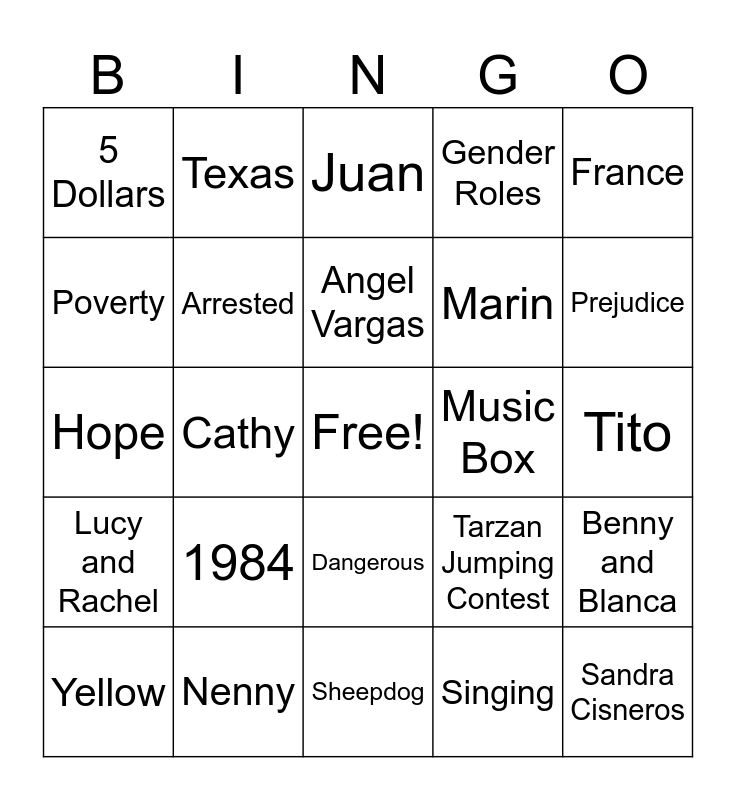 The House on Mango Street Section Two Bingo Card