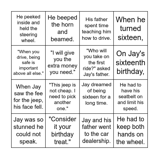Jay's Jeep Bingo Card