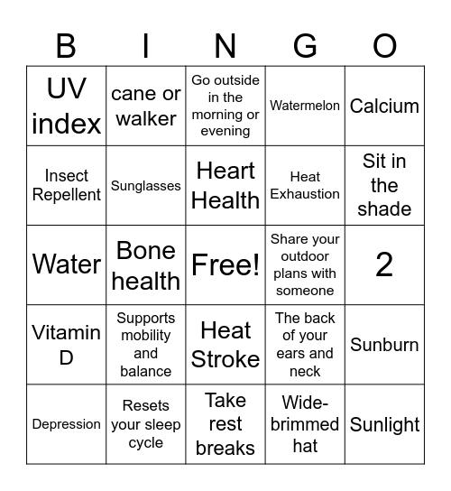 Sun Safety Bingo Card