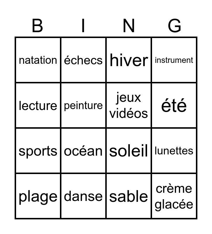 Les passe-temps Bingo Card