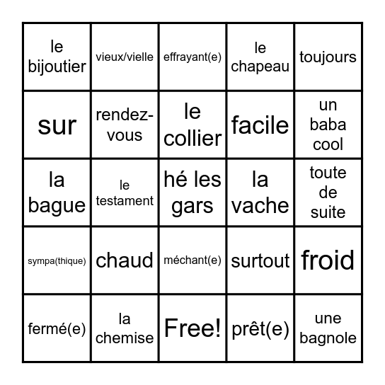 French Vocab Bingo Card