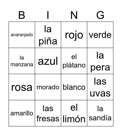Las Frutas y Los Colores Bingo Card