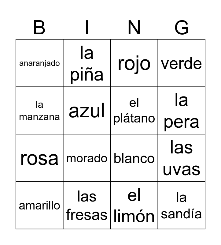 Las Frutas y Los Colores Bingo Card