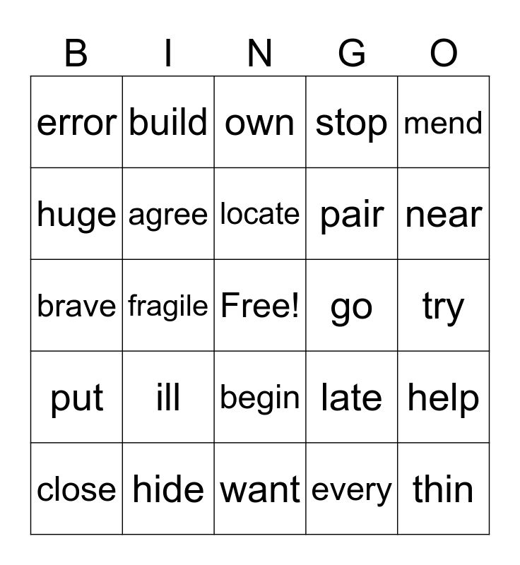 Synonym Bingo Card