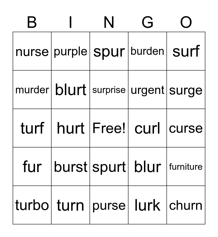 -r- controlled vowels all -ur- Bingo Card