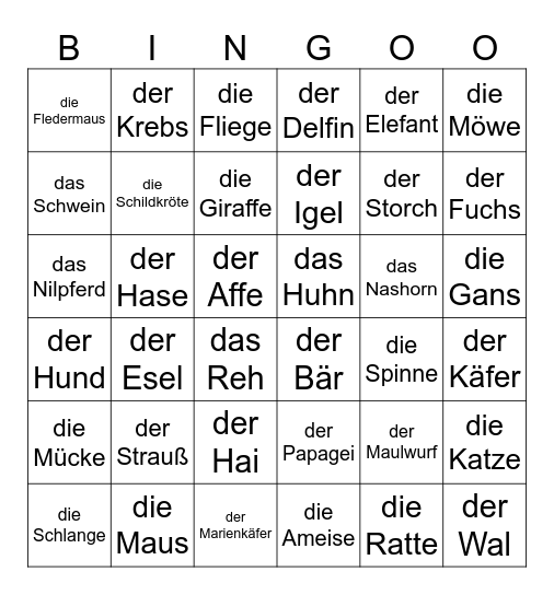 Tiere Bingo Card