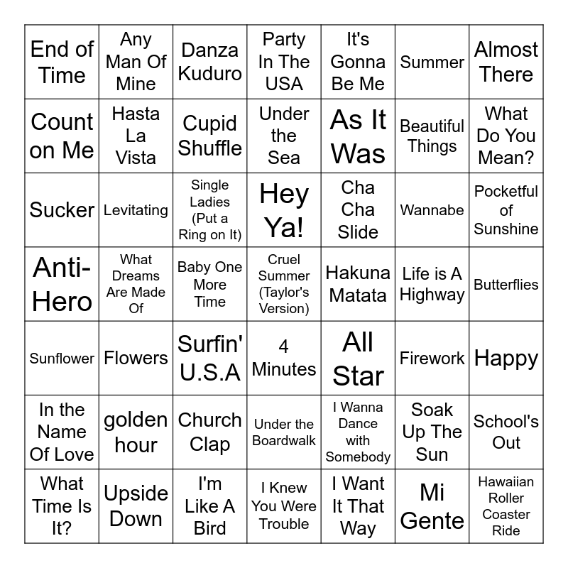 Summer Music Bingo Card