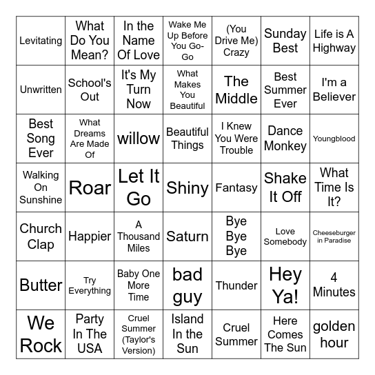 Summer Music Bingo Card