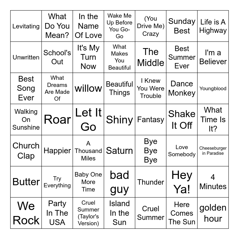 Summer Music Bingo Card