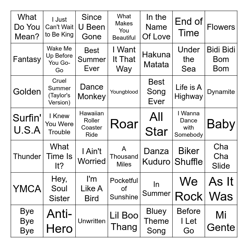 Summer Music Bingo Card