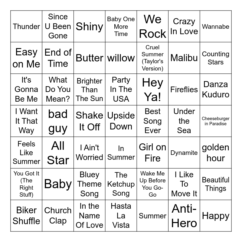 Summer Music Bingo Card