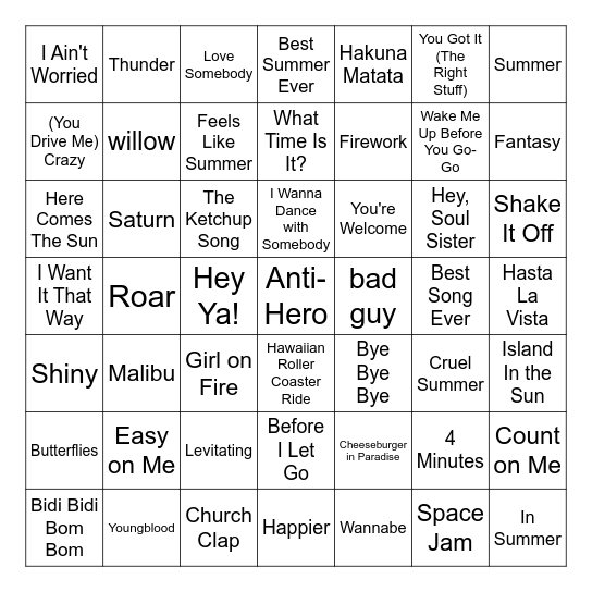 Summer Music Bingo Card