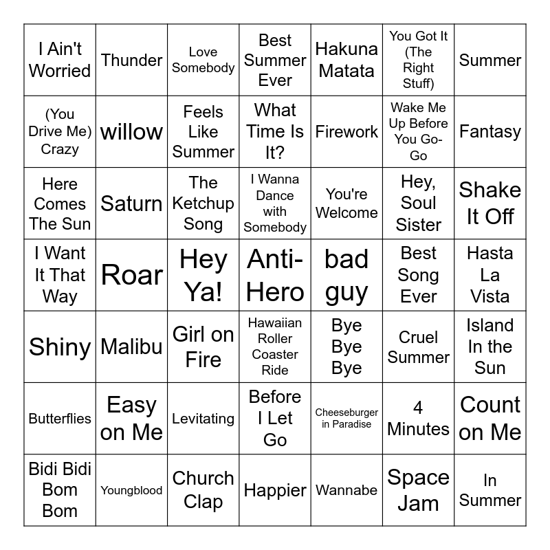 Summer Music Bingo Card