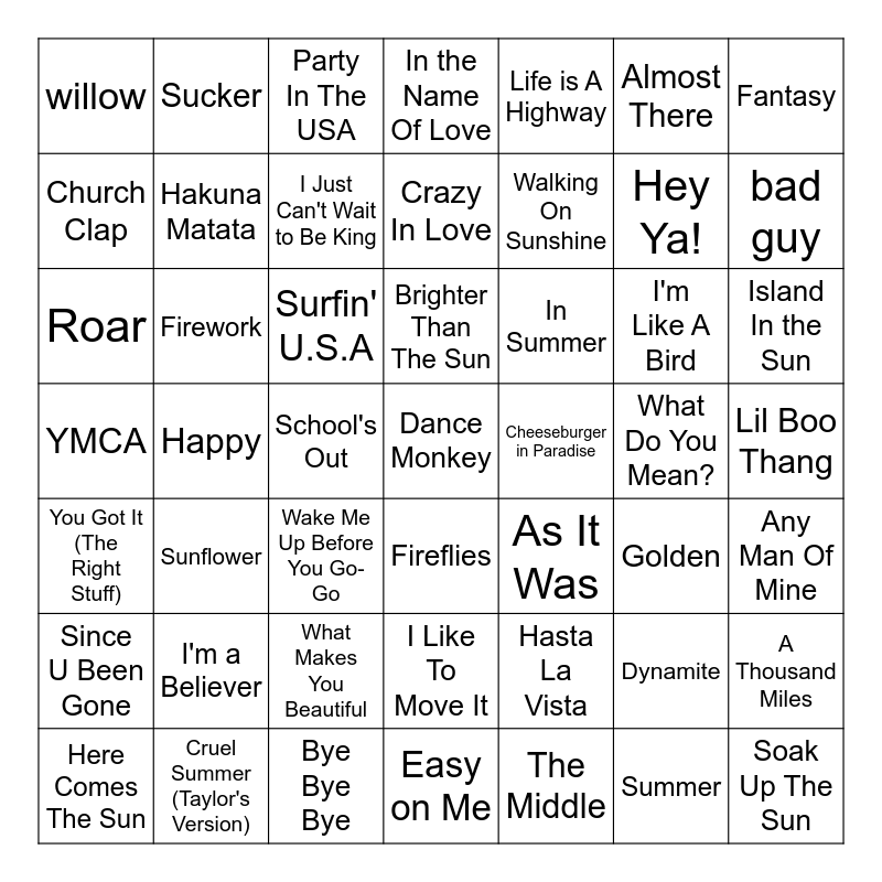 Summer Music Bingo Card