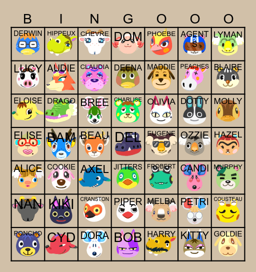 ACNH Villager Hunt Bingo Card