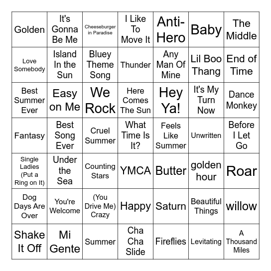 Summer Music Bingo Card