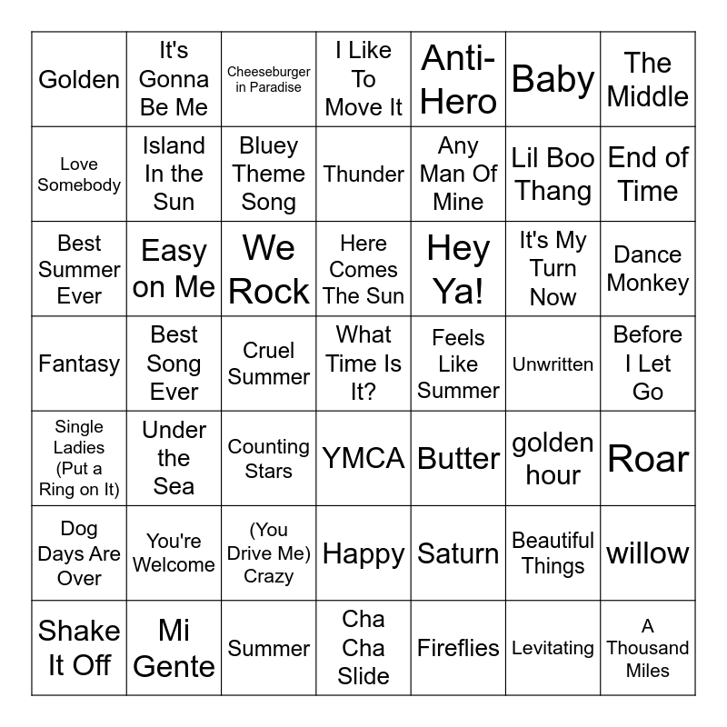 Summer Music Bingo Card