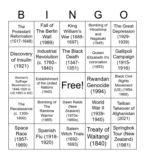 Traditional Arts WeekHistory Bingo Card