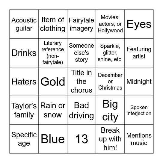 Taylor Swift Bingo Card
