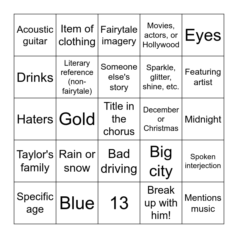 Taylor Swift Bingo Card