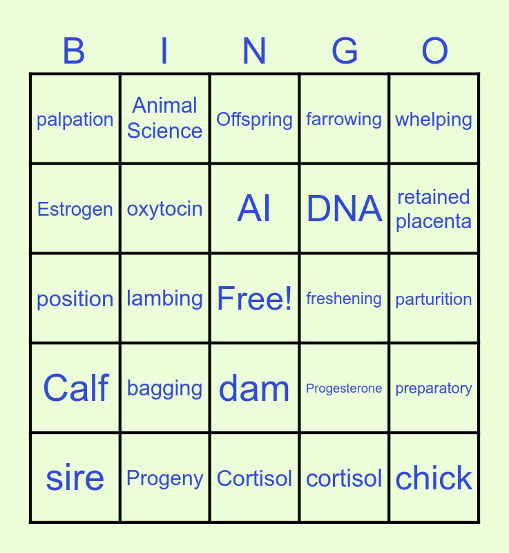 Livestock Parturition Bingo Card