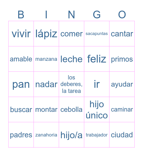 7th grade Spanish Final Vocab Bingo Card