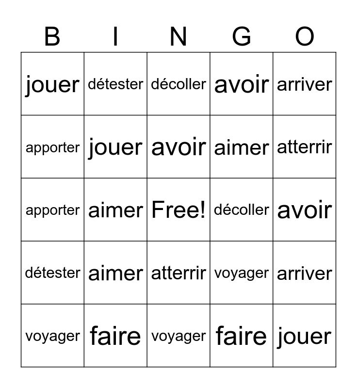 Les verbes en ER Bingo Card