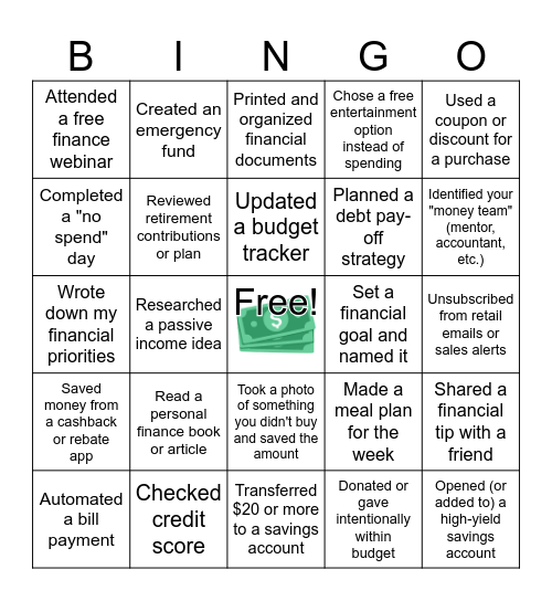 Financial Wellness Bingo Card