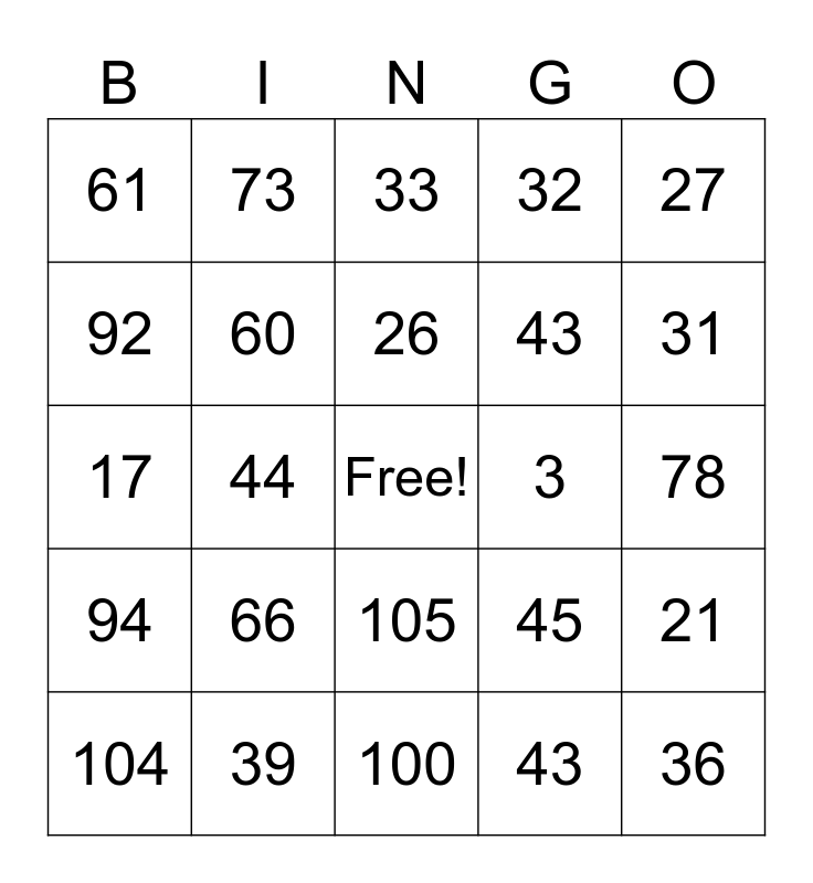 Bingo 110 Bingo Card