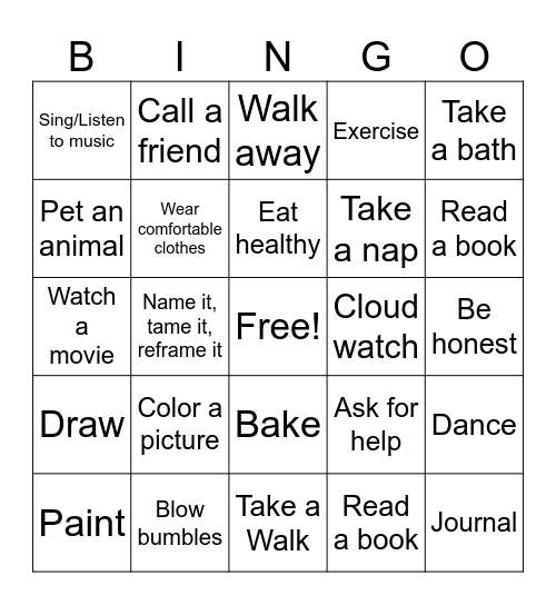 Ways To Calm Down Bingo Card