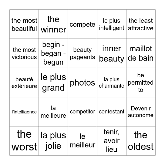 What's the French/English for...? Bingo Card