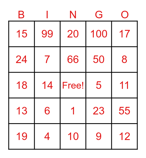 Math Bingo Card