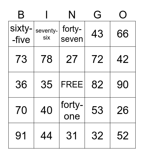 Number Words 1 - 100 Bingo Card
