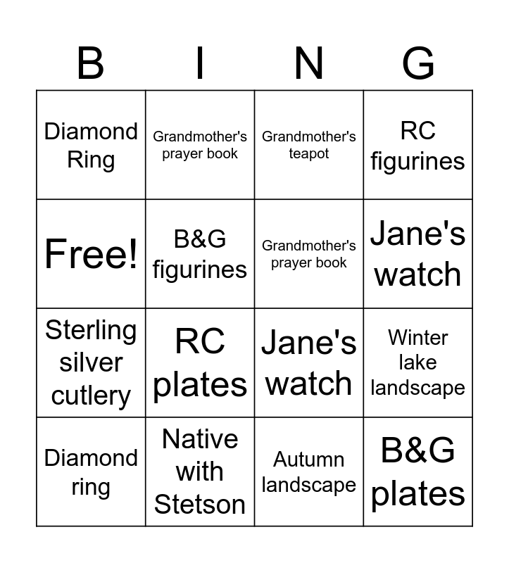 Jane's Bingo Card