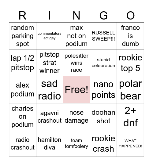 RACE BINGO-- RINGO!!! Bingo Card