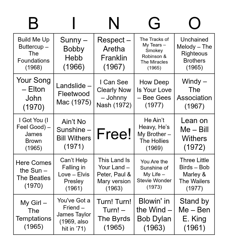 60's and 70's Bingo! Bingo Card
