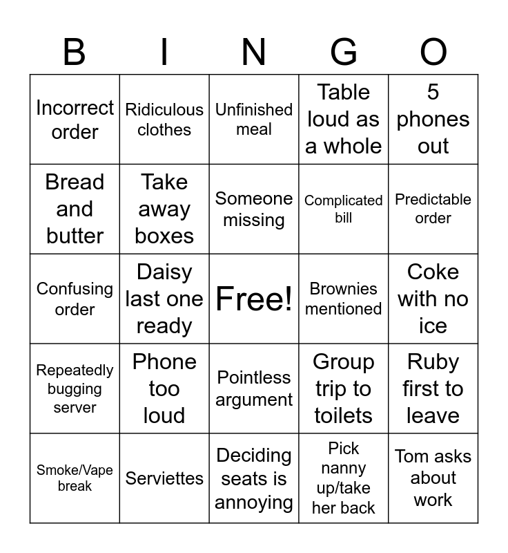 Dinner Bingo Card