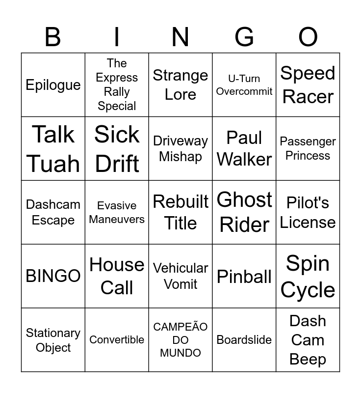 CAR CRASH BINGO Card